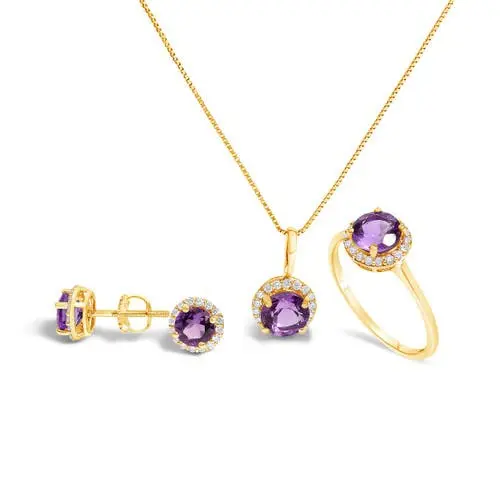 HAUS OF BRILLIANCE 10k Gold Gemstone And Diamond Halo Jewelry Set - Yellow | Purple Amethyst